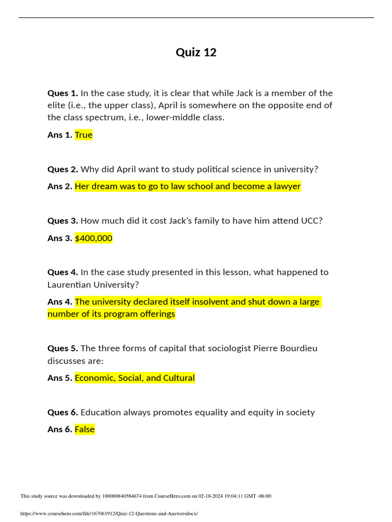Quiz 12 Questions and Answers | PDF | Social Stratification ...
