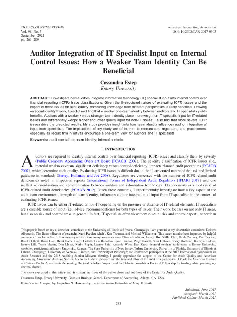 9. Auditor Integration of IT Specialist Input on Internal Control ...