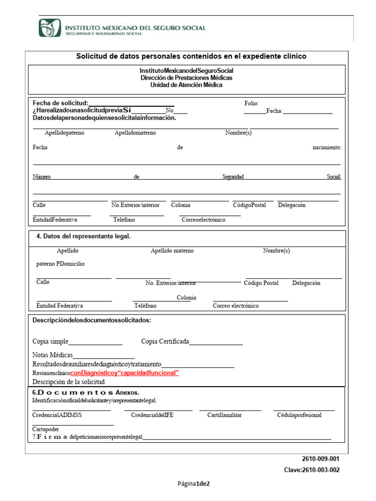 Formato de Solicitud de Expediente Clinico Imss | PDF