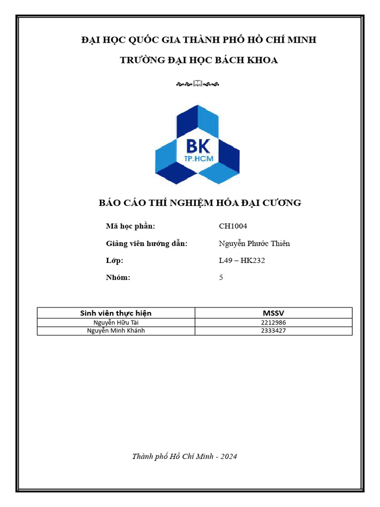 Báo cáo thí nghiệm hóa-nhóm 5-L49 | PDF