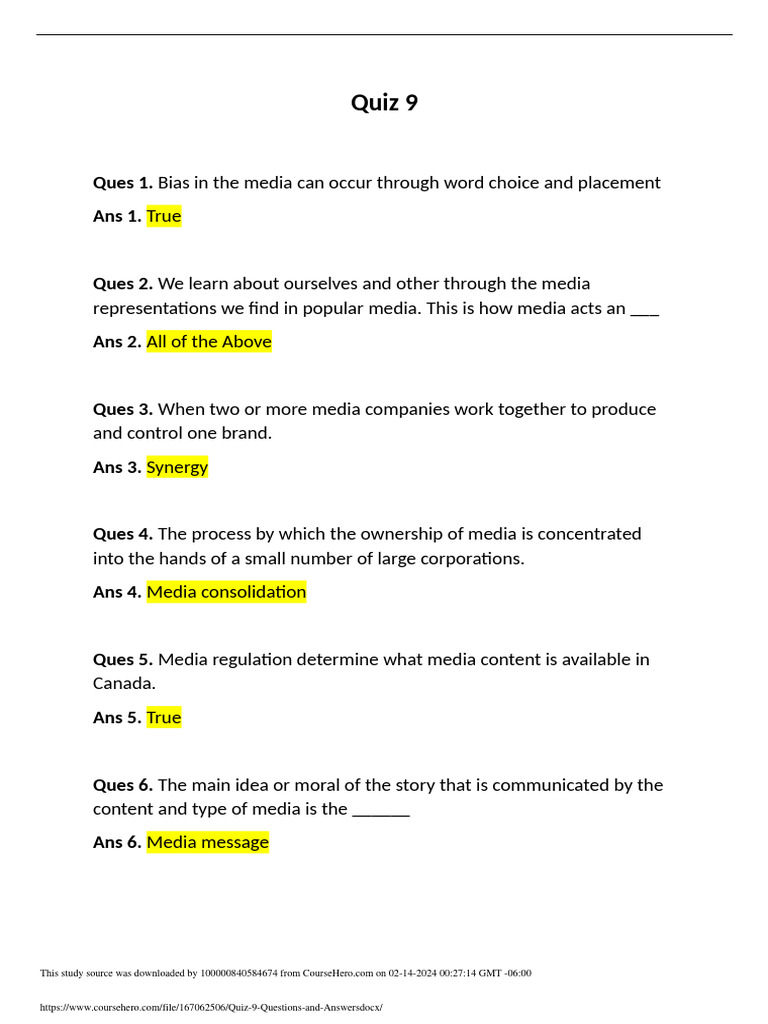 Quiz_9__Questions_and_Answers_.docx | PDF | Media Bias | Mass Media