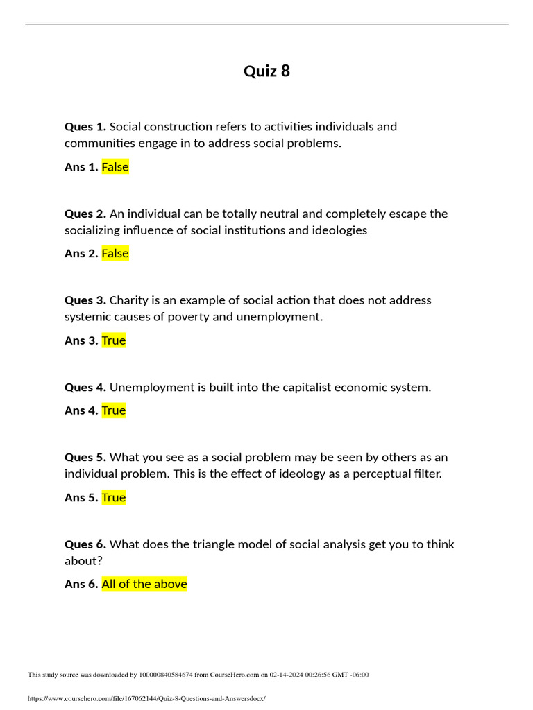 Quiz 8 Questions and Answers | PDF | Ideologies | Capitalism