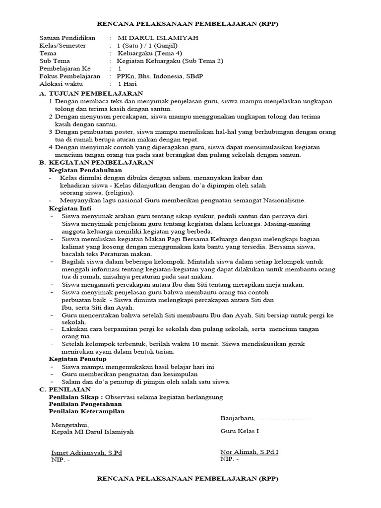 RPP 1 Lembar Kelas 1 Tema 4 Subtema 2 Ok | PDF