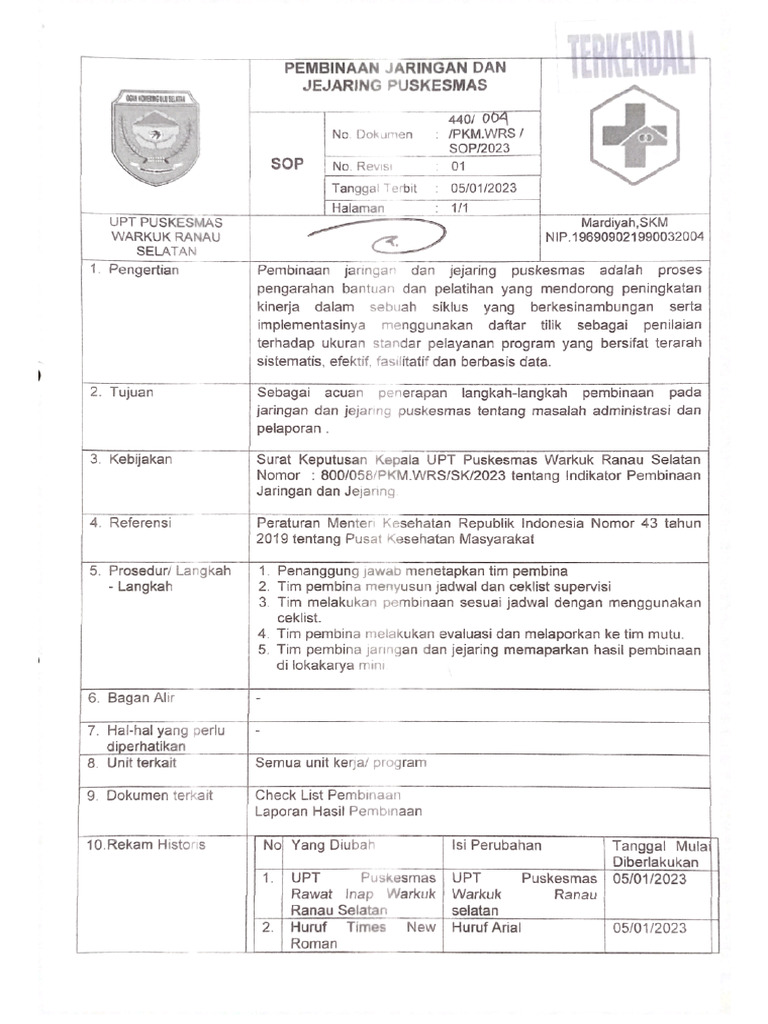 SOP Pembinaan Jaringan Dan Jejaring Puskesmas | PDF
