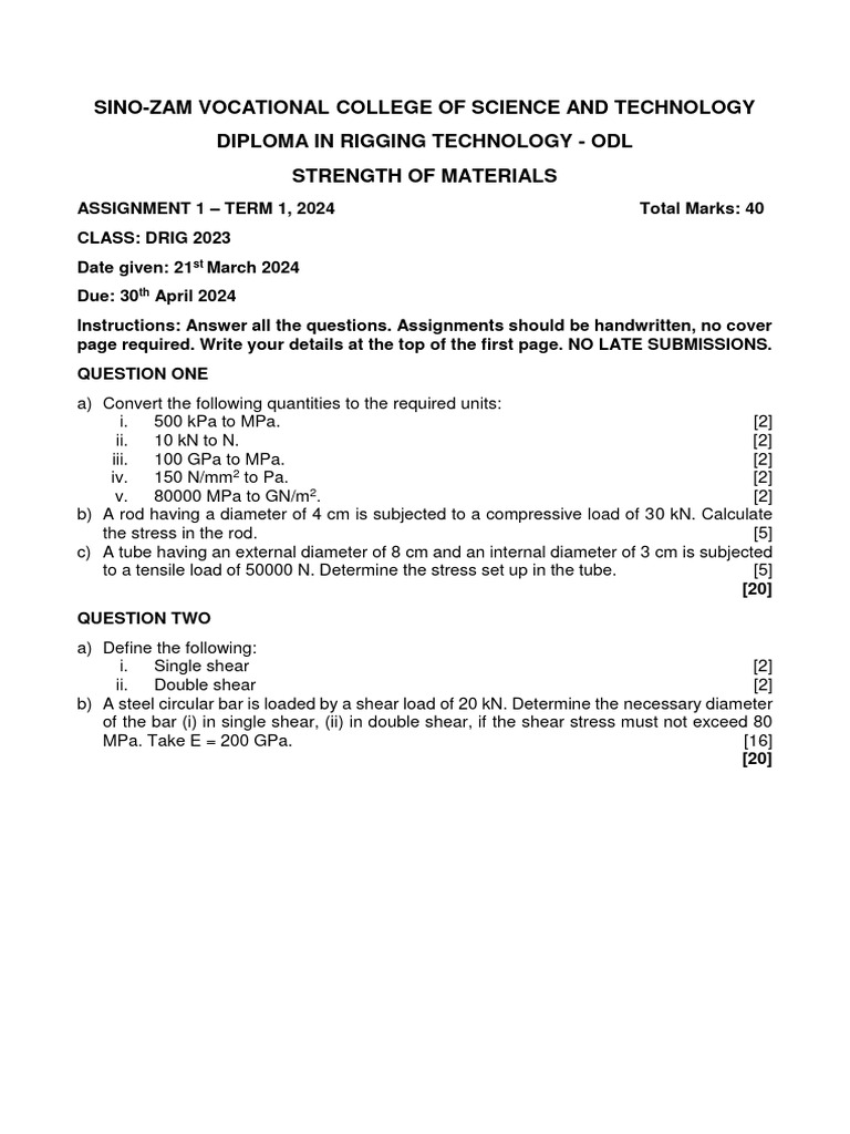 Strength of Materials Assignment 1 - Term 1, 2024 - ODL-Updated | PDF | Technology & Engineering