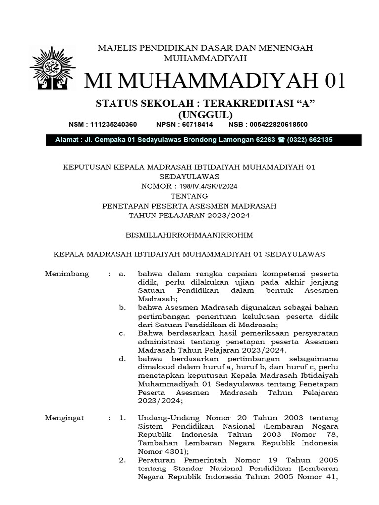 SK Peserta Asesmen Madrasah Madrasah Tahun 2024 | PDF
