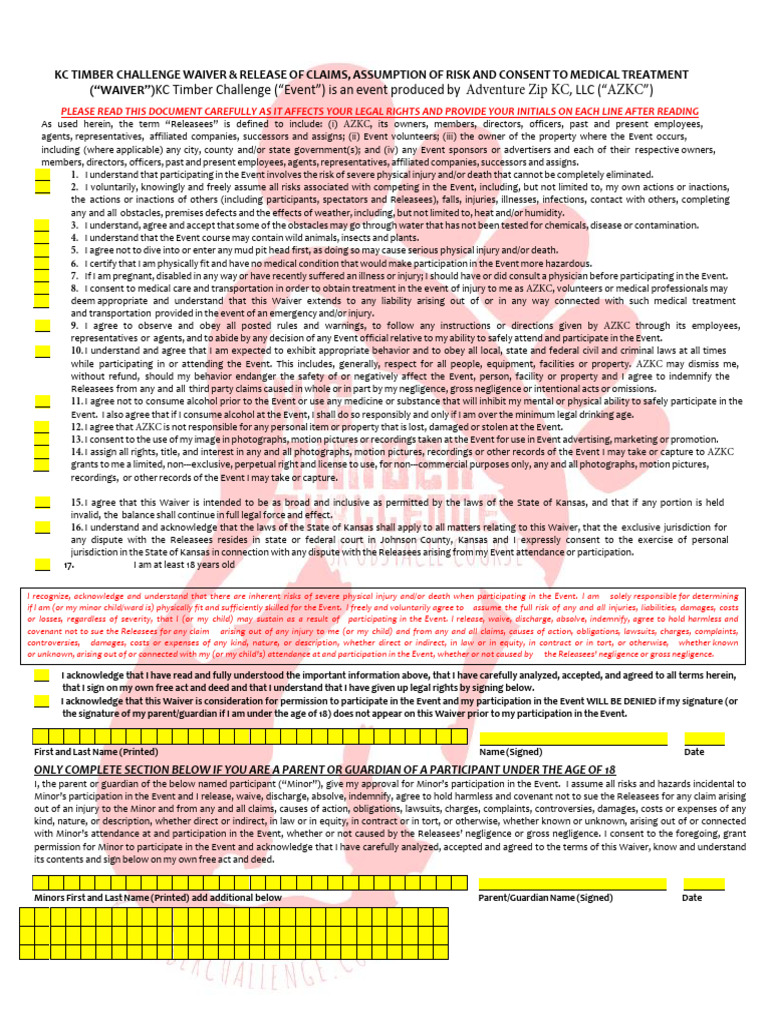 Family Timber Challenge Waiver | PDF | Indemnity | Negligence