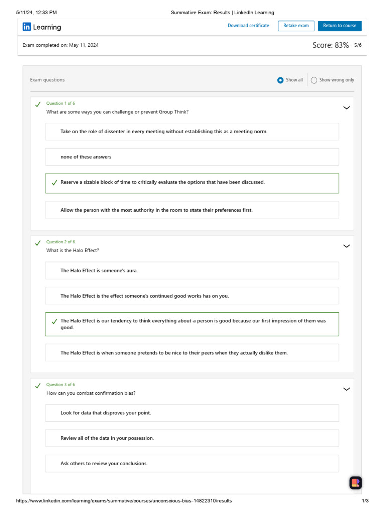 Summative Exam - Results - LinkedIn Learning Unconcious Bias | PDF | Bias | Cognitive Science