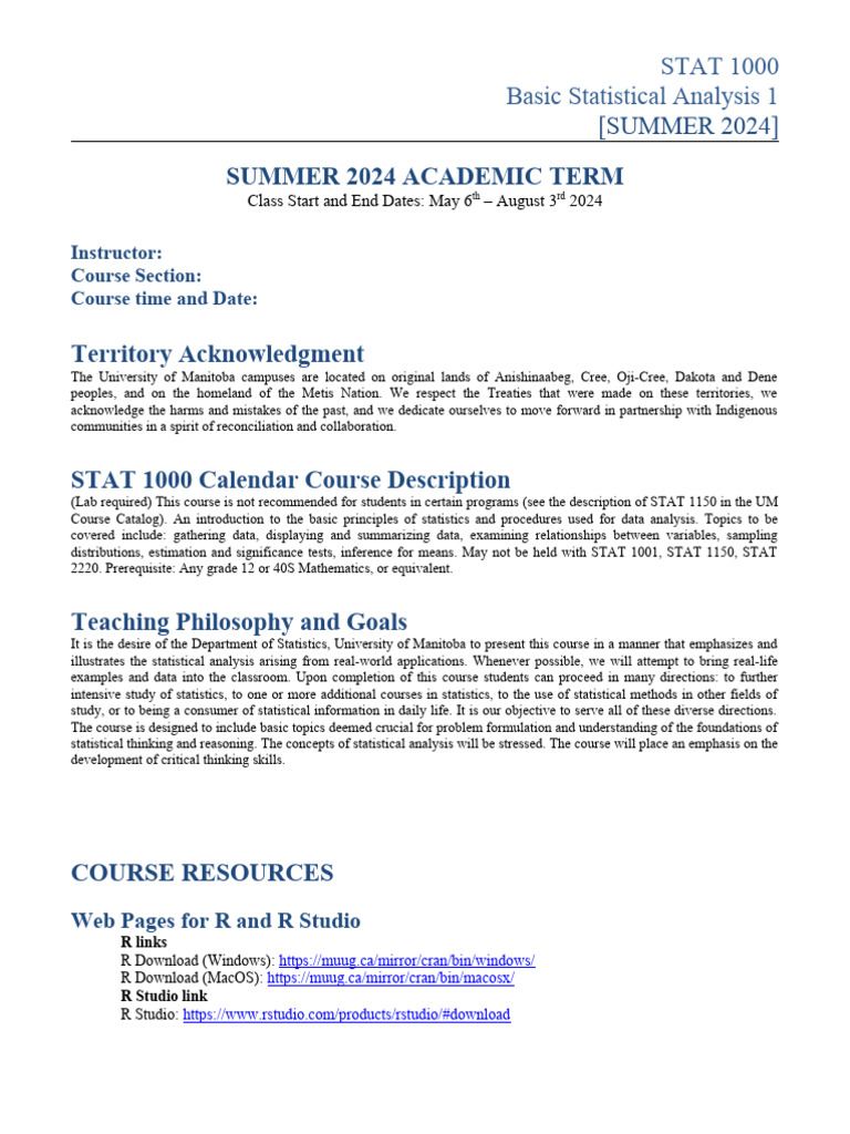 Syllabus-Outline Stat 1000 w2024 Template | PDF | Statistical ...