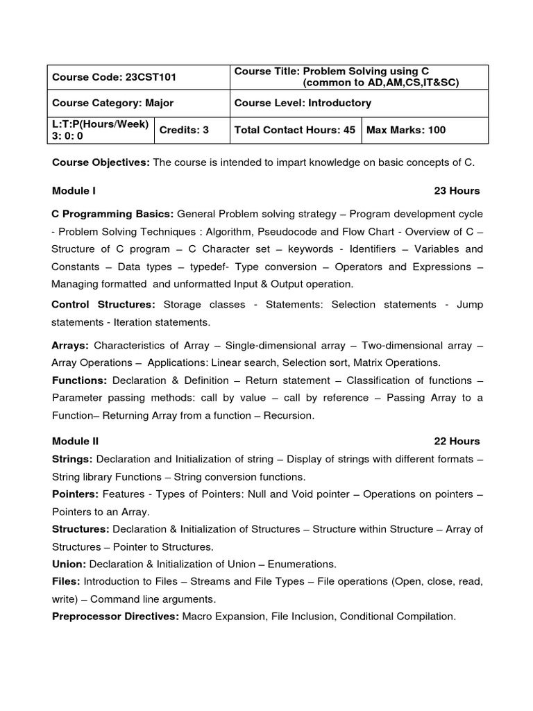 250923 23cst101 Problem Solving Using C Pdf Matrix Mathematics Pointer Computer