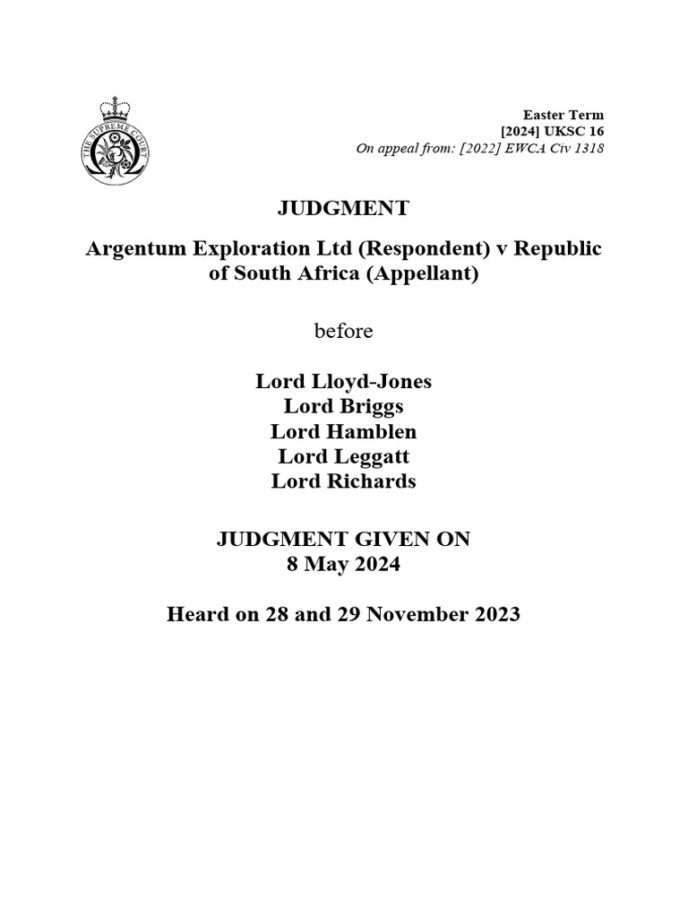 Judgment Argentum Exploration LTD (Respondent) V Republic of South Africa (Appellant) | PDF ...