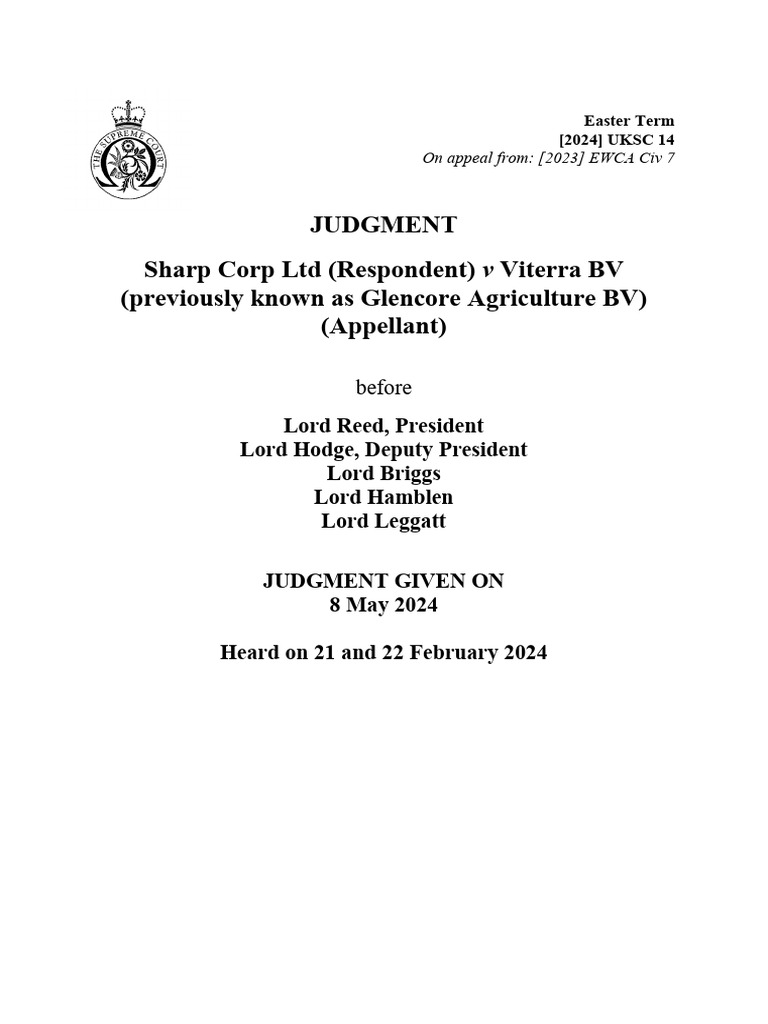 Judgment Sharp Corp LTD (Respondent) V Viterra BV (Previously Known As ...