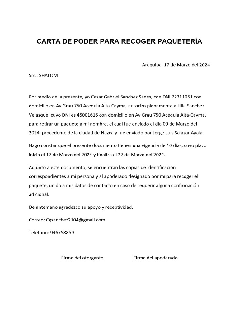 Carta-de-poder-para-recoger-paqueteria | PDF