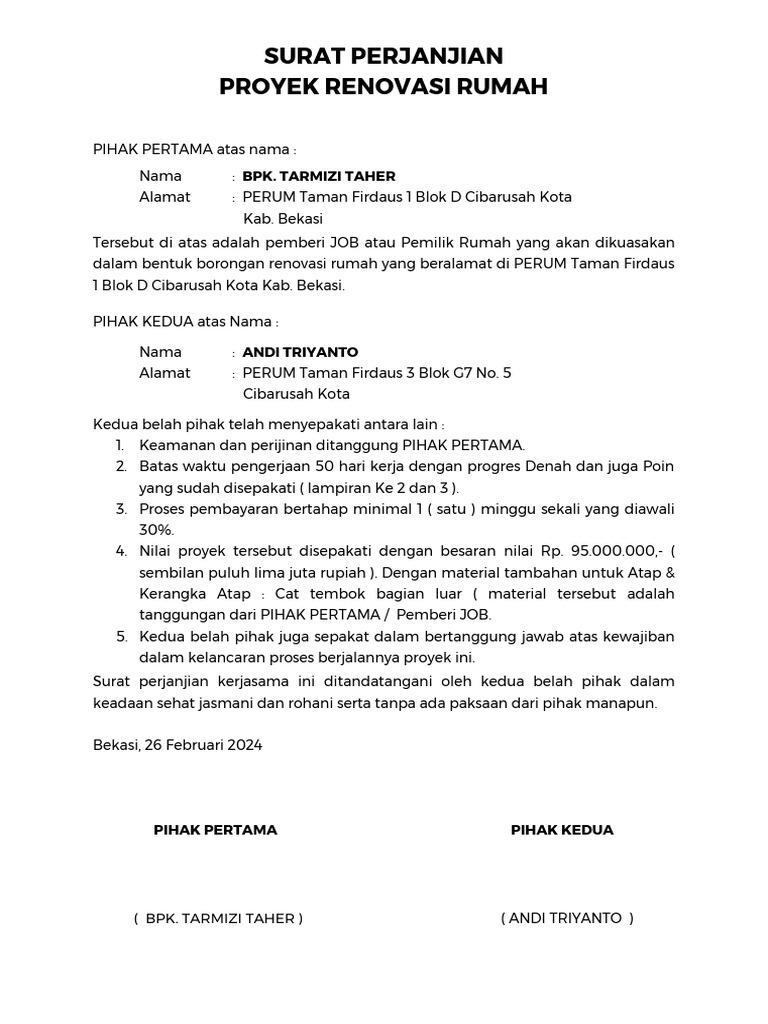 Perjanjian Renovasi Rumah | PDF