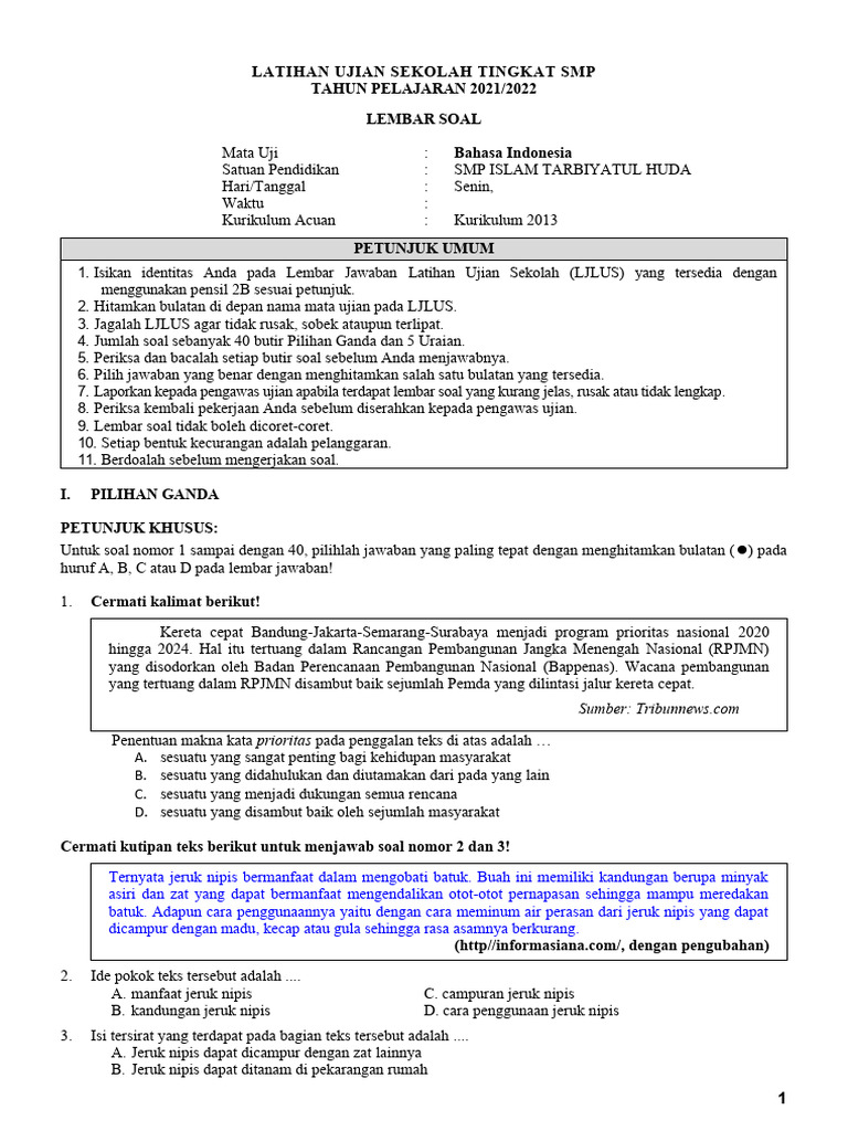 Soal Us Ix Bindo 2022 K13 2022 | PDF