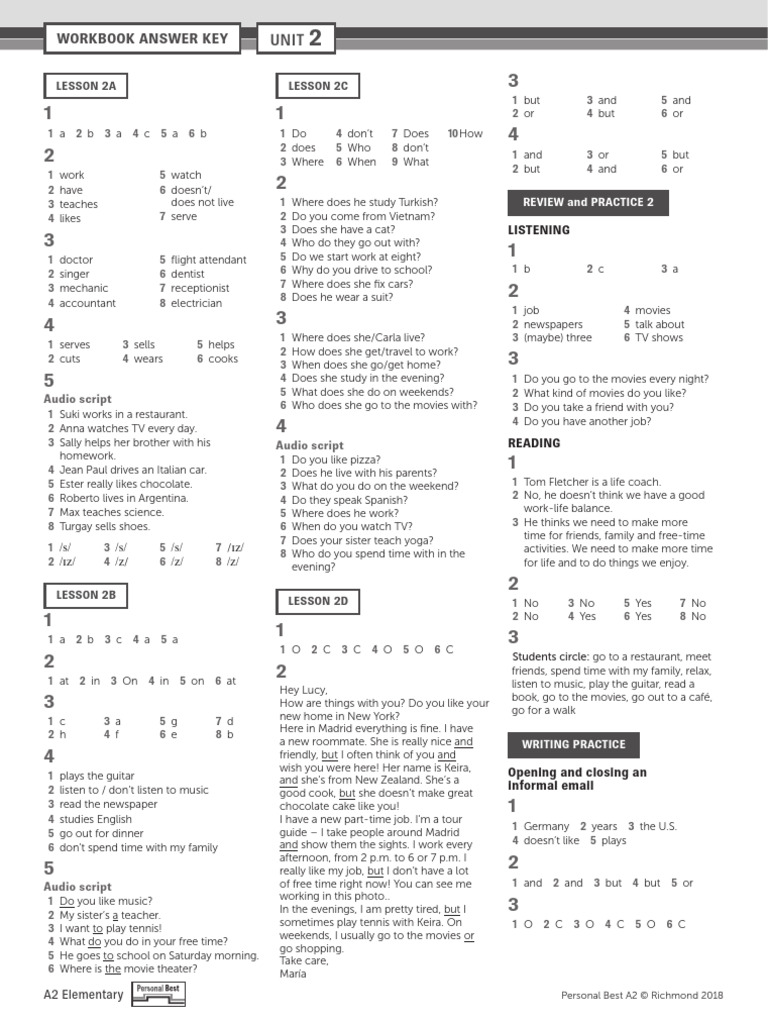 PB AmE A2 WB Answers U2 | PDF