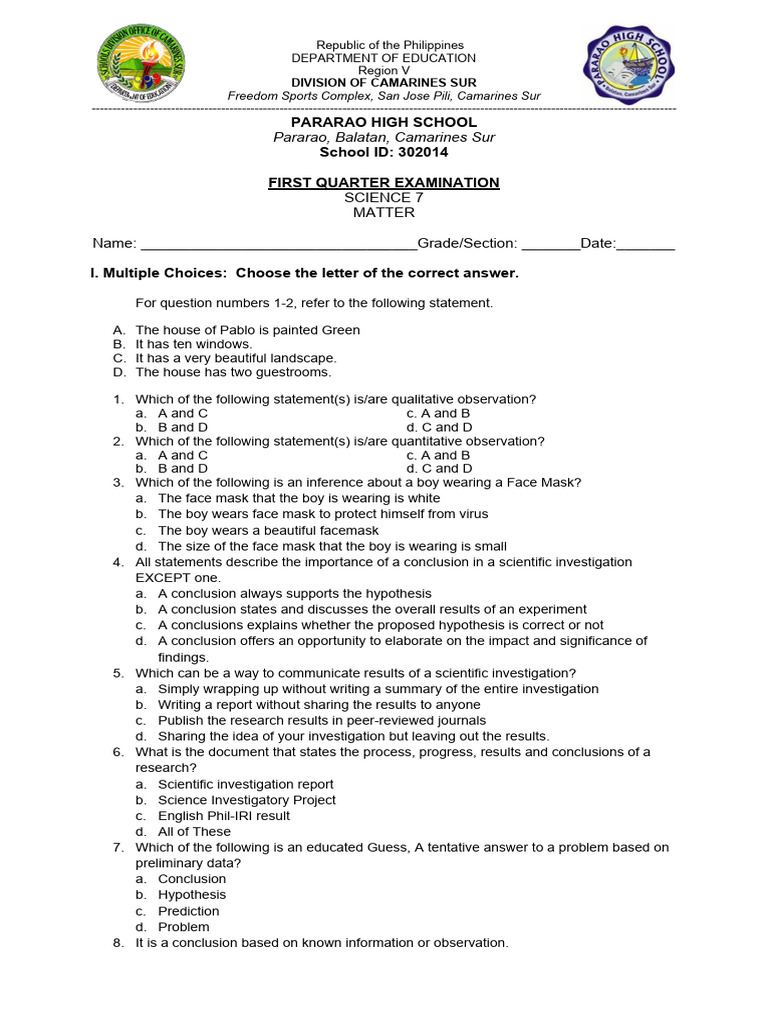 Science 7 - 1st Quarter Exam | PDF | Nutrition | Diet & Nutrition