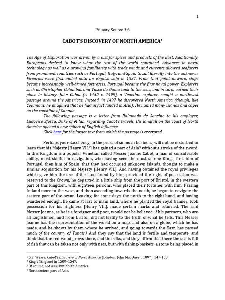 Primary Source 5.6 - Cabot | PDF | Age Of Discovery