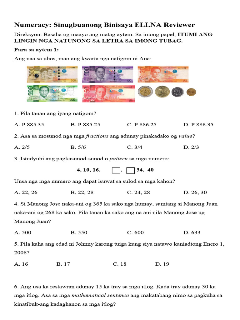 Edited Final Numeracy Sinugbuanong Binisaya ELLNA Reviewer | PDF