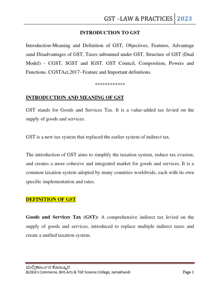 CHAPTER I - Introduction To GST | PDF