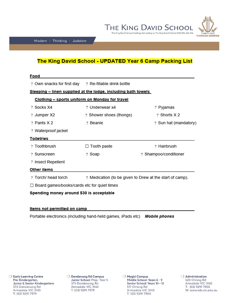 Year 6 Camp Packing List | PDF