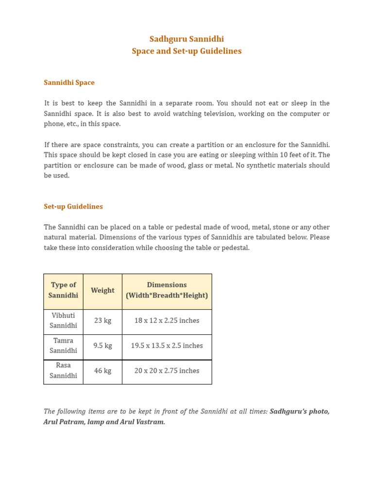 Sadhguru Sannidhi Setup Guidelines | PDF