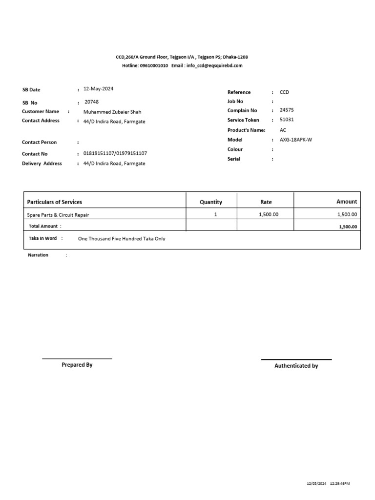Service Invoice for AC Repair | PDF