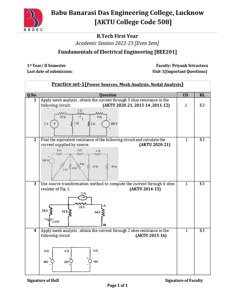 Electrical Practice Set 1 - BBDEC | PDF | Electrical Network | Electrical Resistance And Conductance
