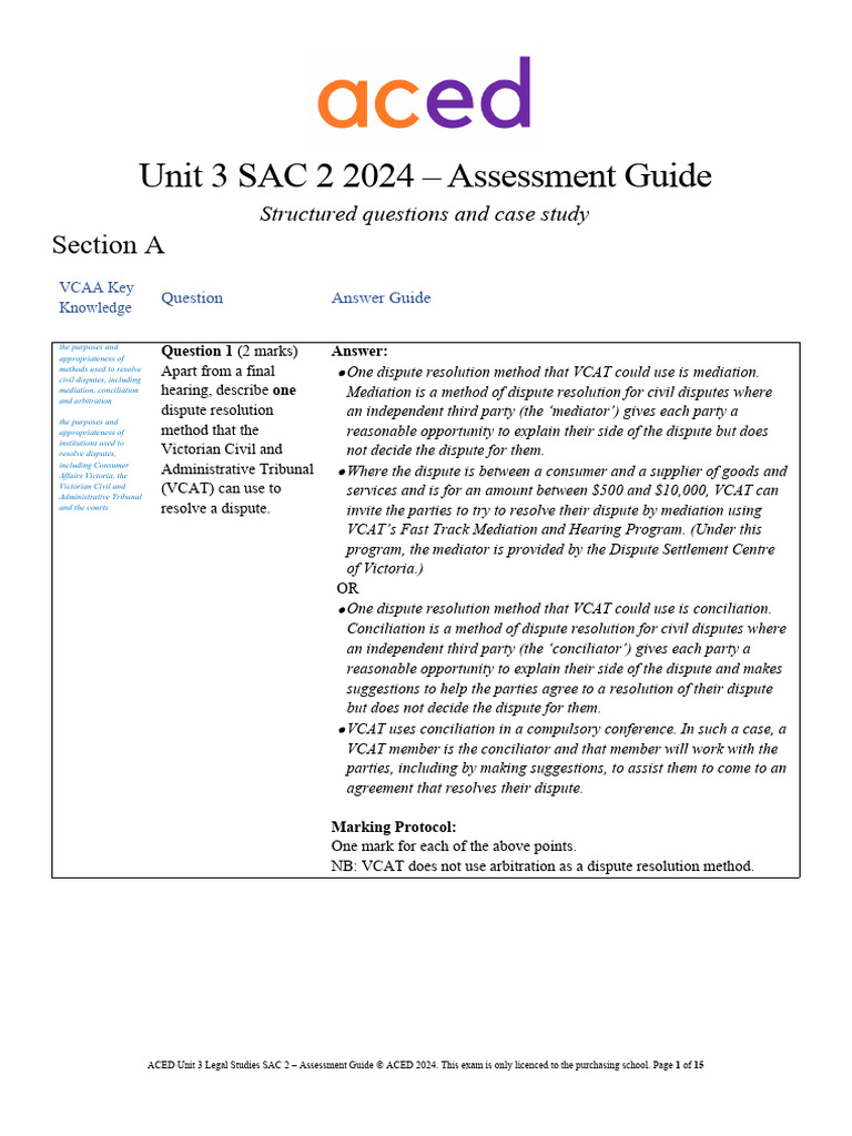 ACED Unit 3 Legal Studies SAC 2 2024 - Assessment Guide | PDF ...