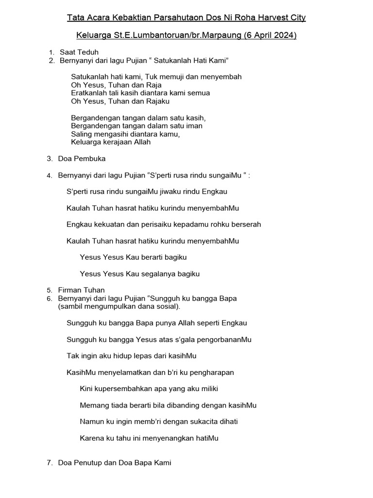 Tata Acara Kebaktian Parsahutaon Dos Ni Roha 6 April | PDF