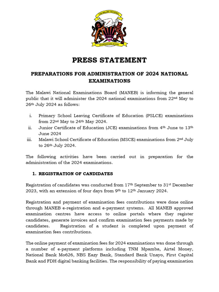 Maneb 2024 Exams Preparations - Press Statement | PDF | Finance & Money ...