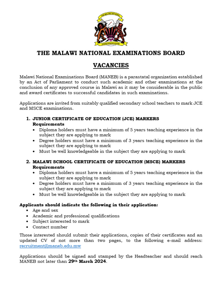 Revised Vacancies For Jce & Msce Markers | PDF | Business | Finance & Money Management