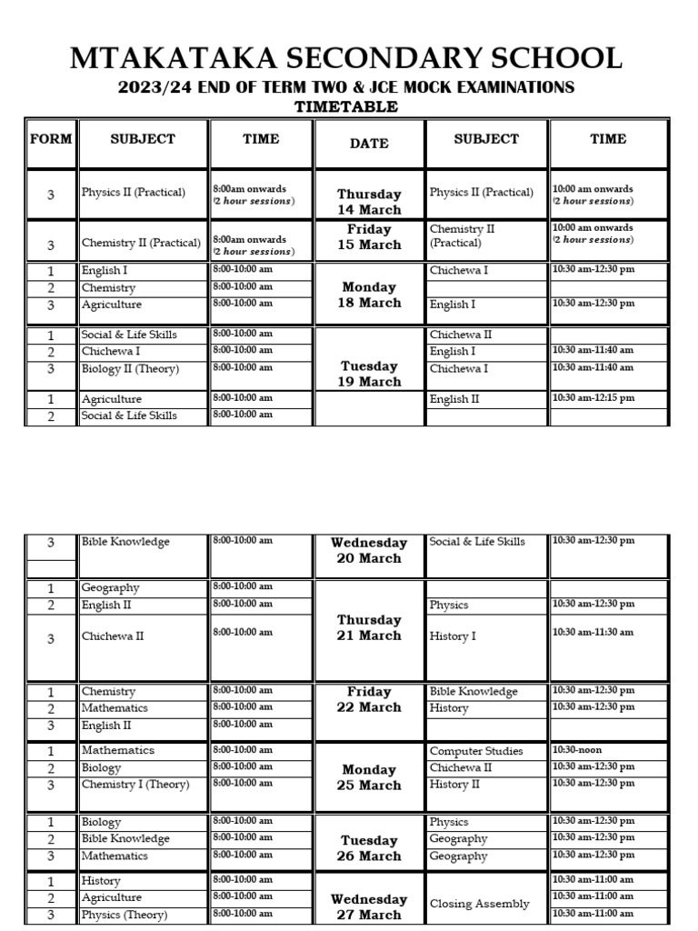 End of Term 2 Time Table | PDF | Science