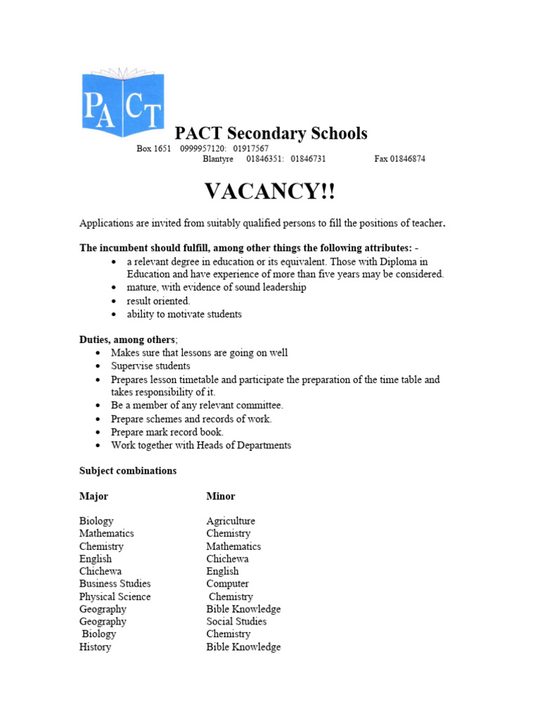 Teaching Positions at PACT Schools | PDF | Career & Growth | Wellness