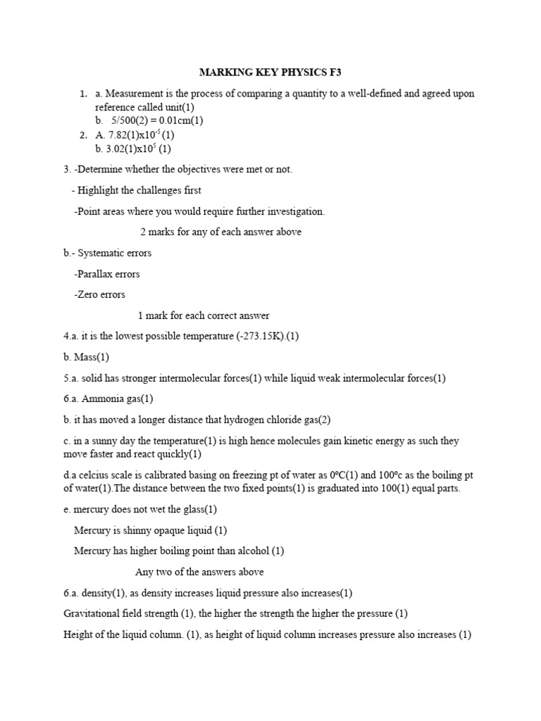 Physics Form 3 Marking Key | PDF | Liquids | Buoyancy