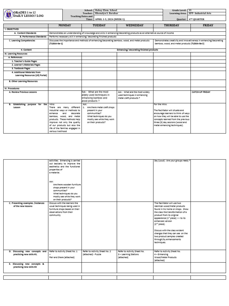 DLL - Epp 6 - Q4 - W1 | PDF | Crafts | Learning