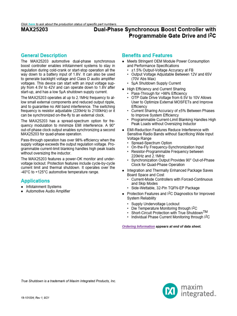 MAX25203 - Dual-Phase Synchronous Boost Controller With Programmable ...