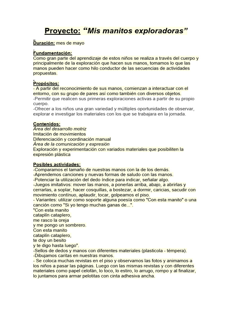Proyecto Mis Manitos Exploradoras | PDF | Artes del Lenguaje y Comunicación