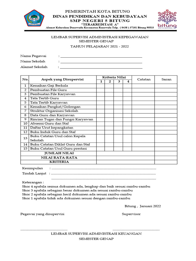 Lembar Supervisi Administrasi Kepegawaian | PDF