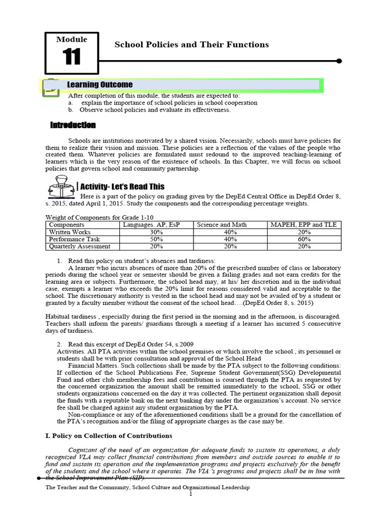 11 School Policies and Their Functions | PDF | Policy | Learning