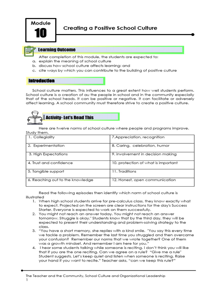 12 Norms of Positive School Culture | PDF | Teachers | Learning