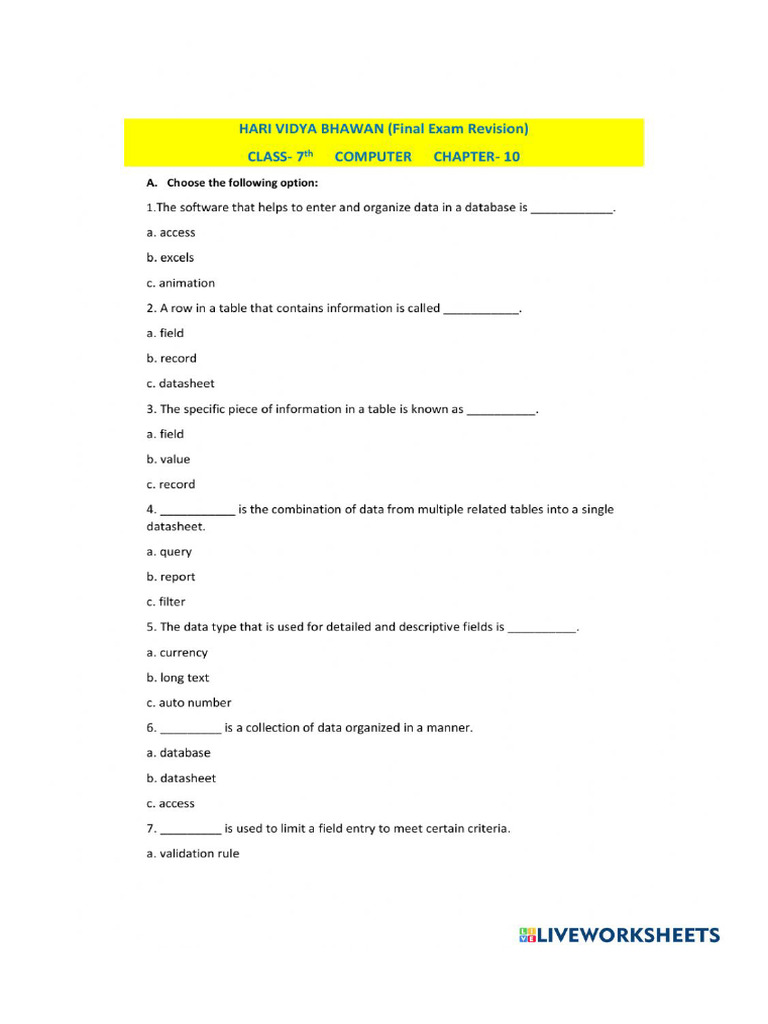 Revision Worksheet Ms Access Grade 7 | PDF