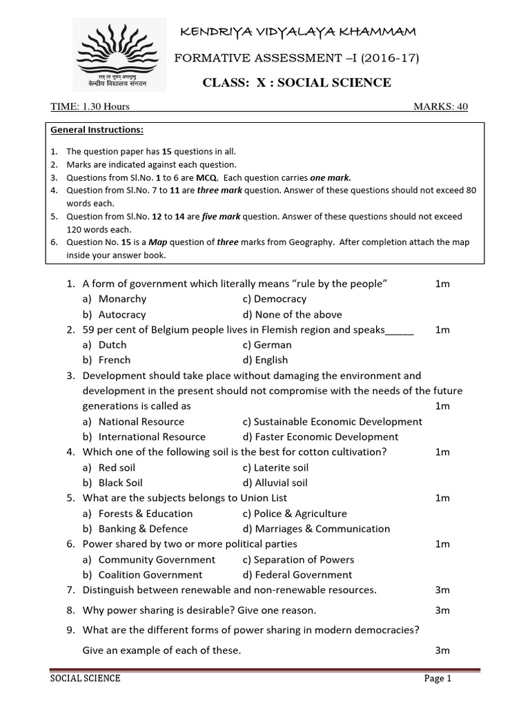 KVS Class 10 PT1 Social Science Question Paper 2016 | PDF | Earth Sciences