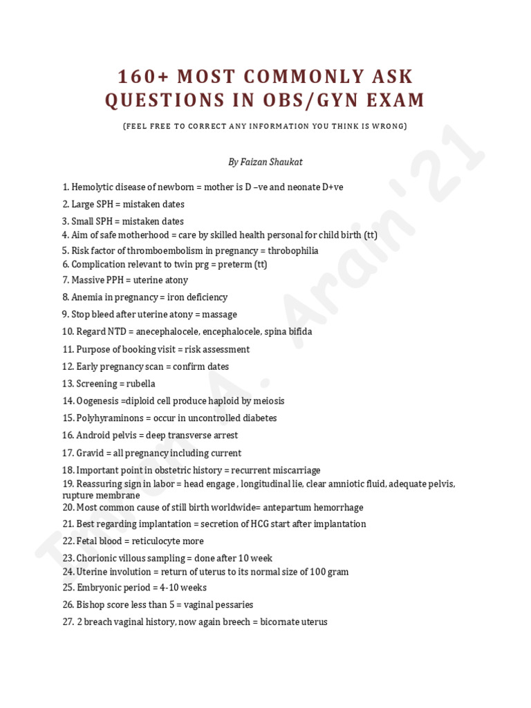 160 Qs For Gynae and OBs Module by Faizan Shaukat | PDF | Pregnancy | Childbirth