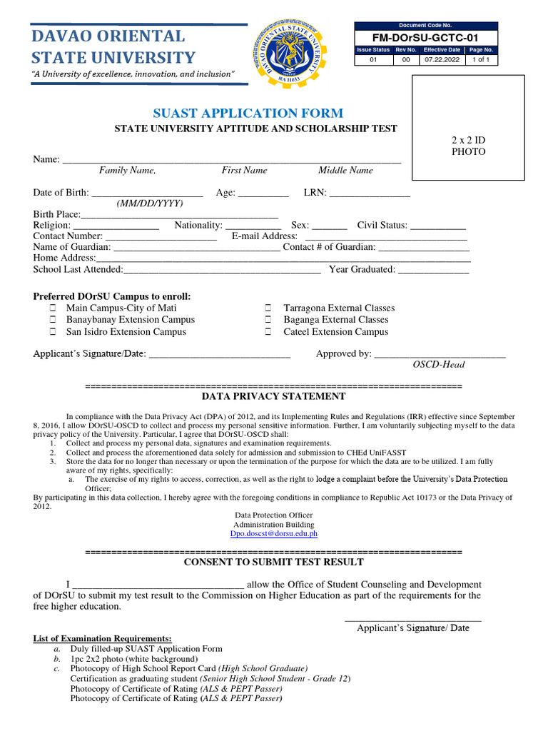 2024-FM-DOrSU-GCTC-01 SUAST Application Form | PDF | Information Privacy | Privacy