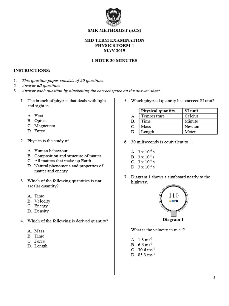 Mid Term Physics f4 2019 | PDF | Force | Acceleration