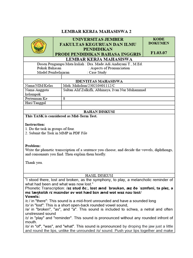 LKM 2 - English Phonology and Phonetics - Moh. Mahshun - 112 | Download Free PDF | Vowel | Oral ...