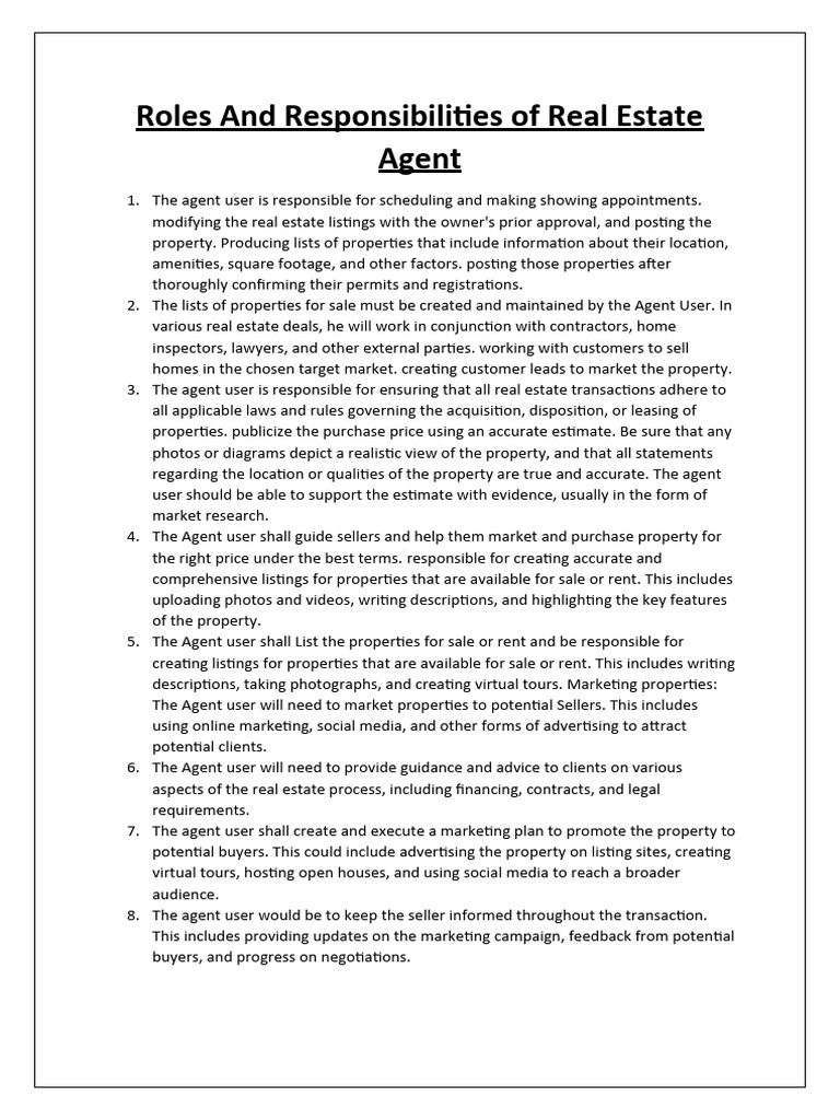Roles and Responsibilities of Real Estate Agent | PDF | Law Of Agency ...
