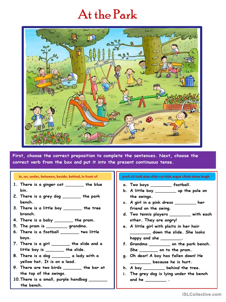 Prepositions and Verbs at the Park | PDF | Games & Activities