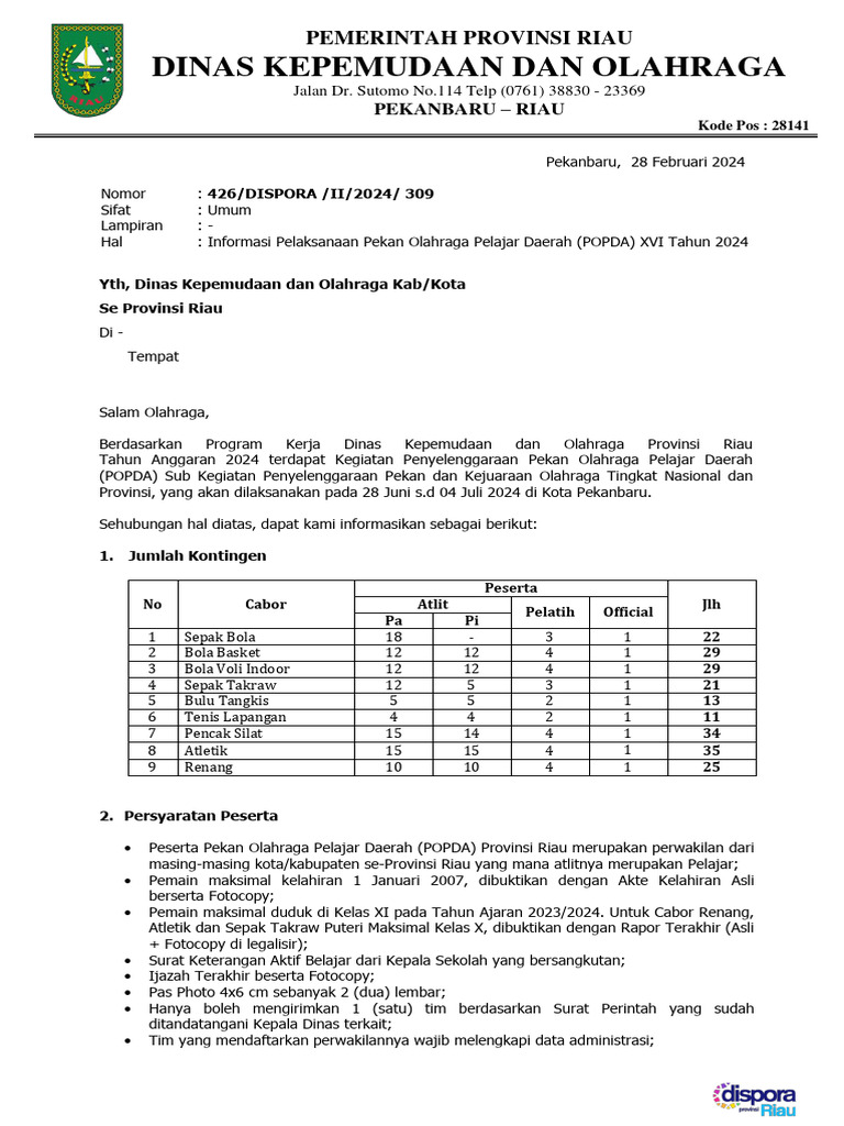 Surat Pemberitahuan Popda 2024 | PDF